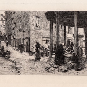 LEON LHERMITTE Original 1800s Etching famous St Malo Fish Market Framed ...