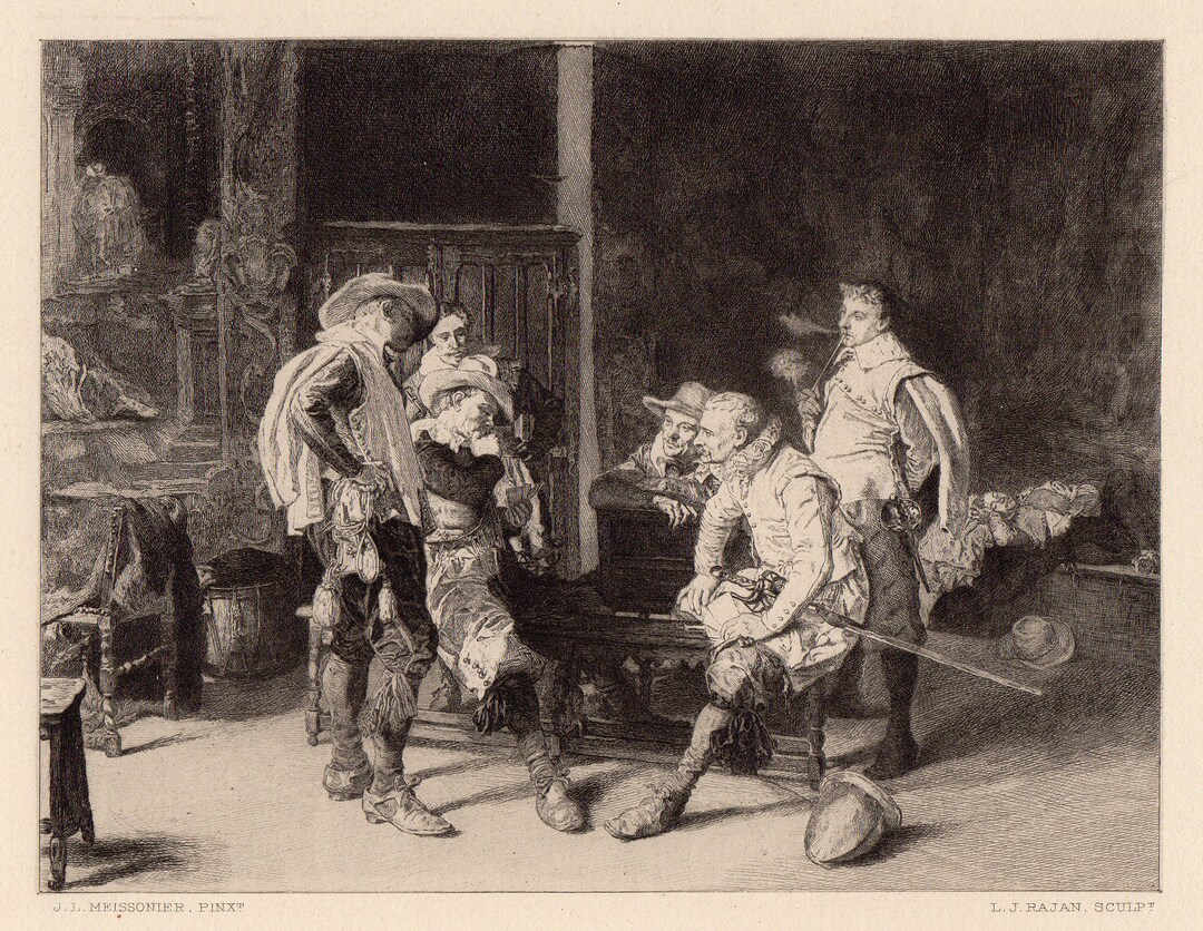 Acquaforte di Ernest Meissonier del 1800 "Giocare a carte" FIRMATA con ...