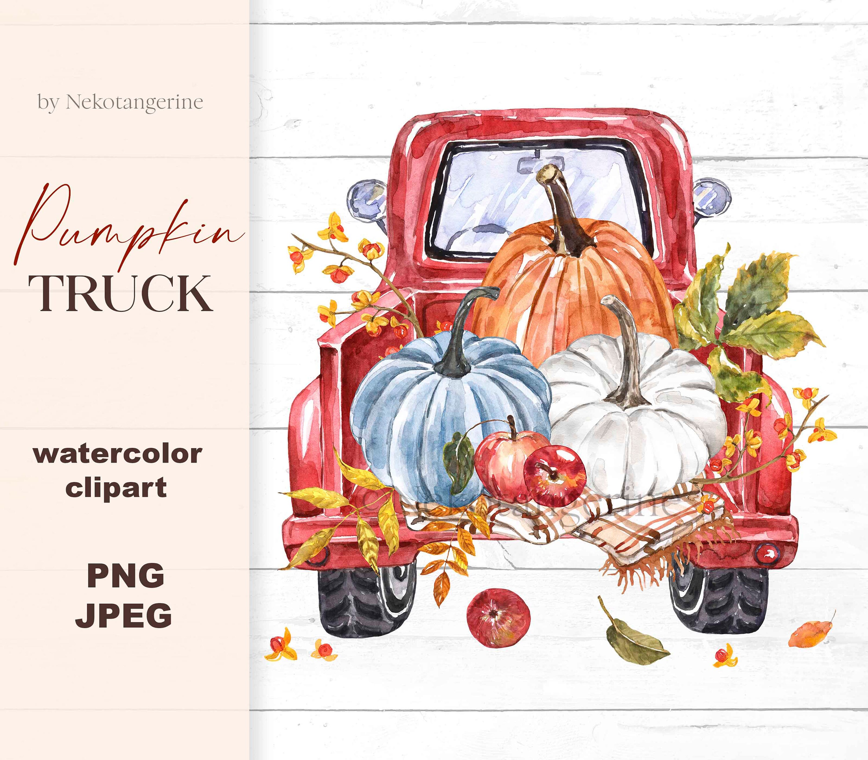 Watercolor Pumpkin Truck Clipart Fall Red Vintage Truck | Etsy