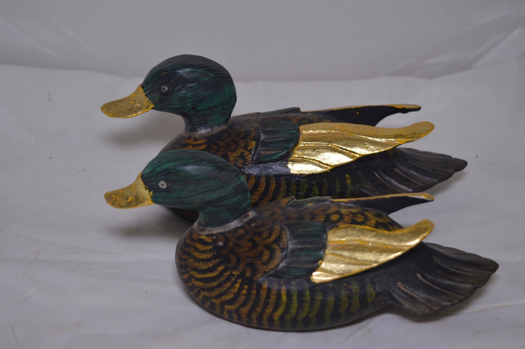 Two Fantasy Ducks Gold Wings and Beaks One is 9" X 4 1/2 Other is 8" X ...