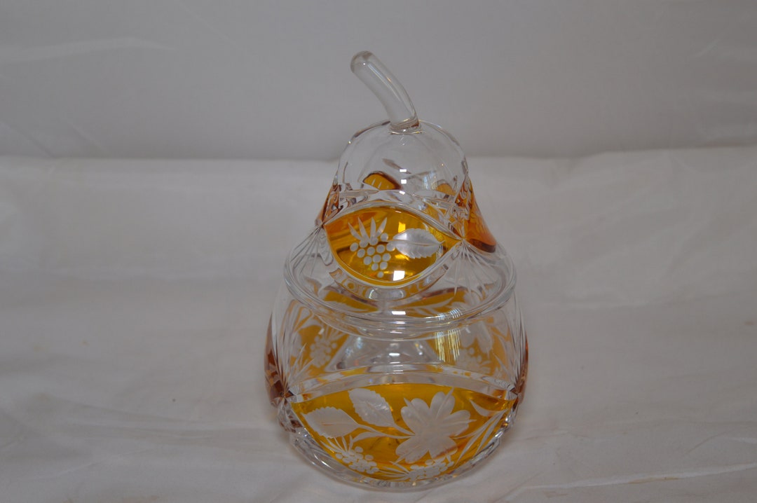 Vintage Lead Crystal Amber Pear Candy Container Hand Made From Poland 8 ...