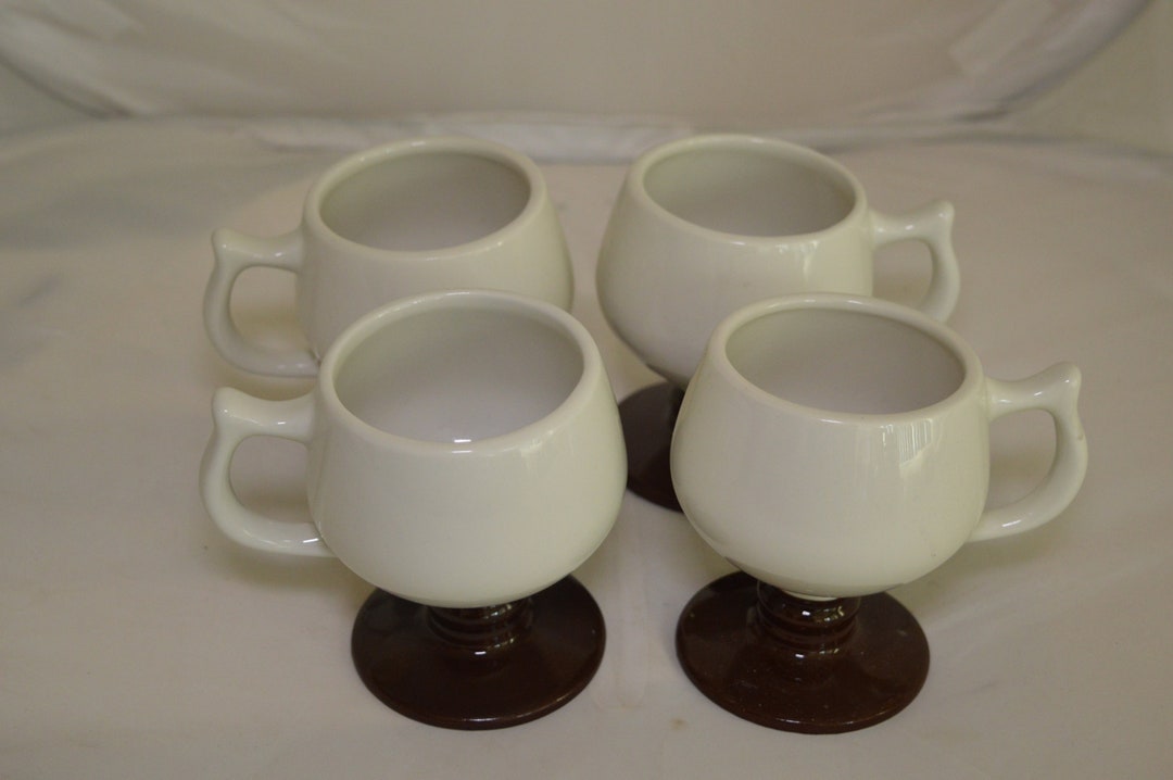 Vintage Hall Pedestal Coffee Mugs White With Brown Bottoms Made in U.S ...