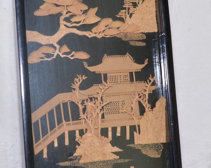 Vintage Japanese Cork Art on Black Lacquered Wood Picture 24