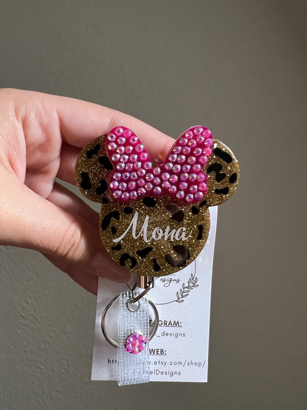 Cheetah Print Mrs Mouse With Pink Bow Badge Reel, Personalized Badge ...