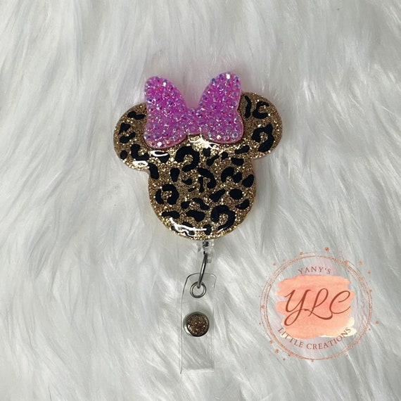 Cheetah Print Mrs Mouse With Pink Bow Badge Reel Personalized | Etsy
