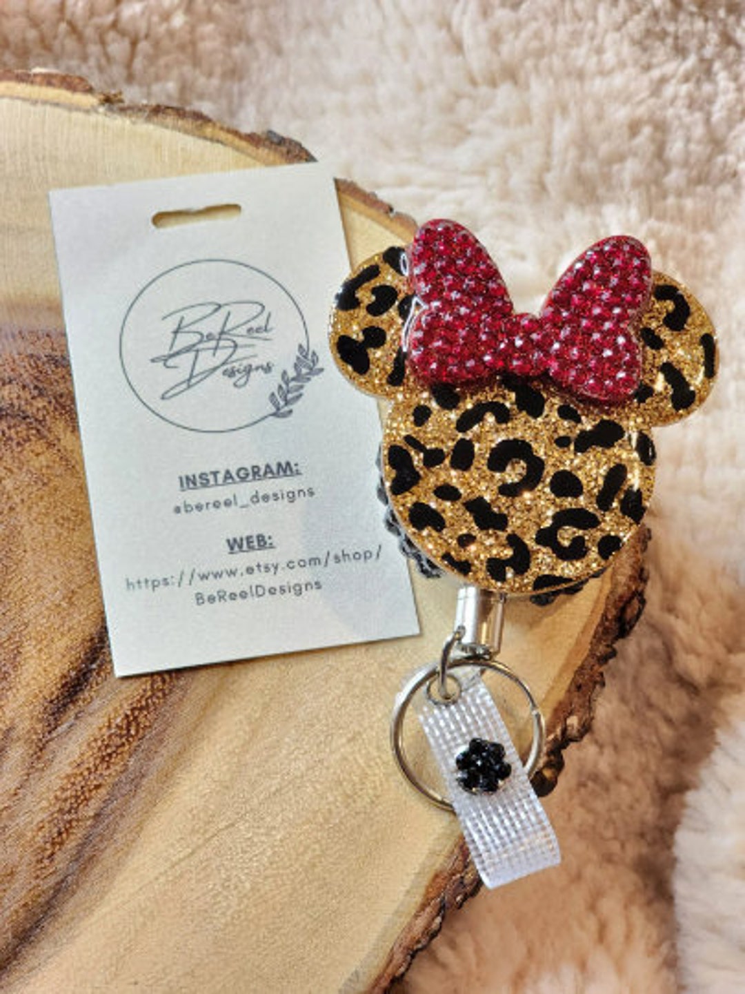 Cheetah Print Mrs Mouse With Red Bow Badge Reel, Personalized Badge ...