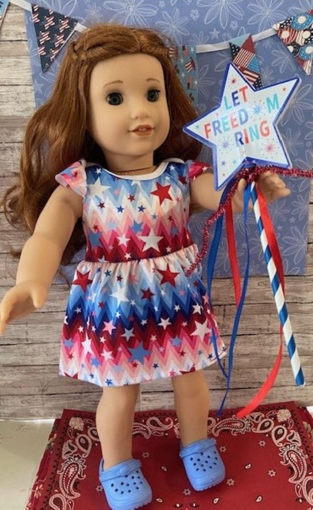 18" Doll 4th of July Summer Dress, Clog Shoes, and Cute Patriotic Stick ...