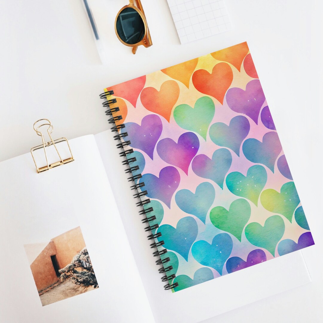 Heart Rainbow Watercolor Spiral Notebook Ruled Line, Personalized ...
