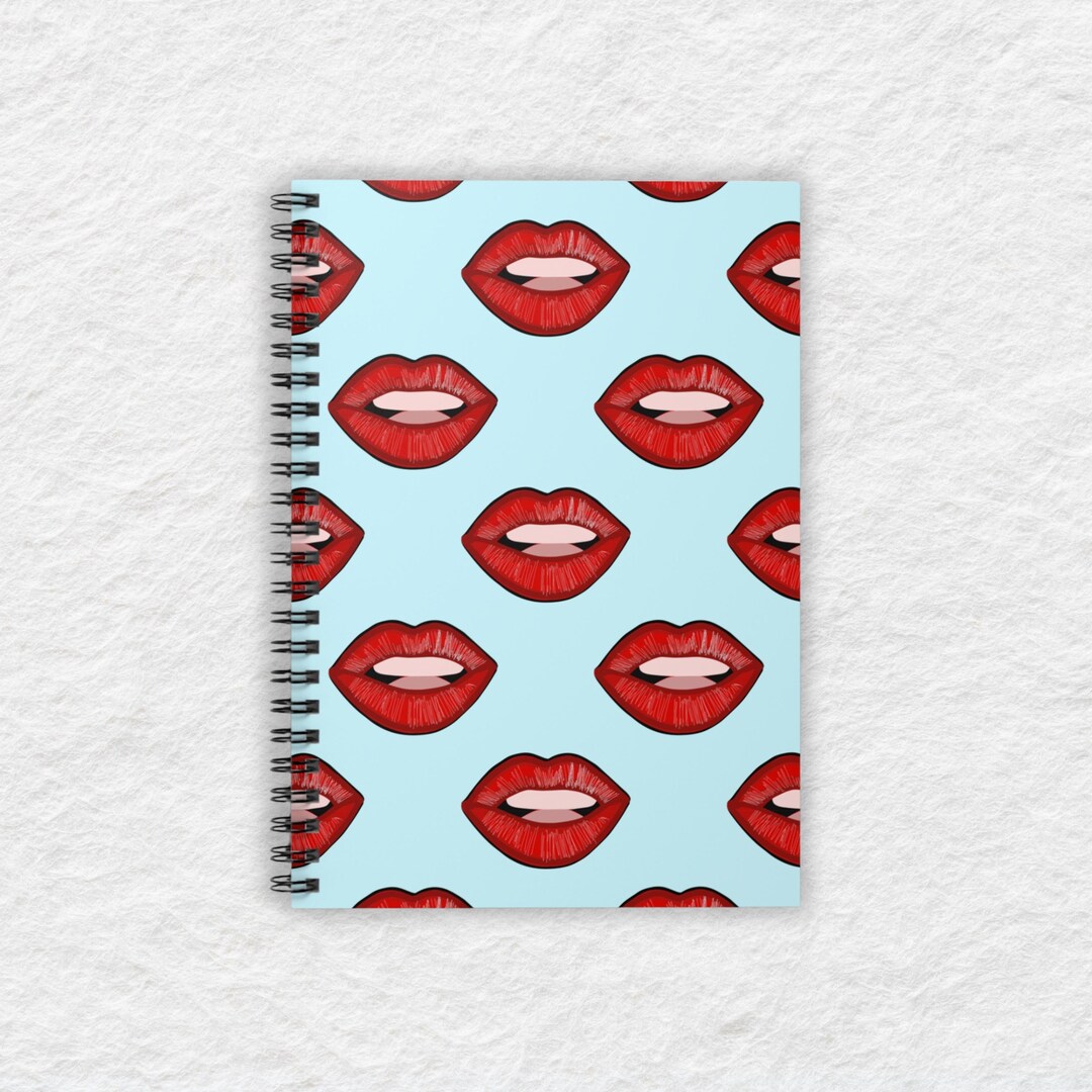Red Lips Blue Background Notebook Journal, Lip Print Notebook, Stylish ...