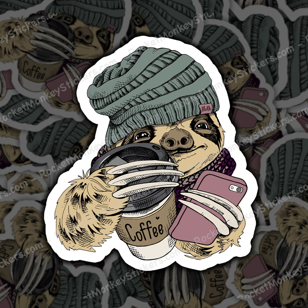 Sloth Coffee Phone Sticker, Stickers, Sloth With Coffee, Sloth Sticker ...
