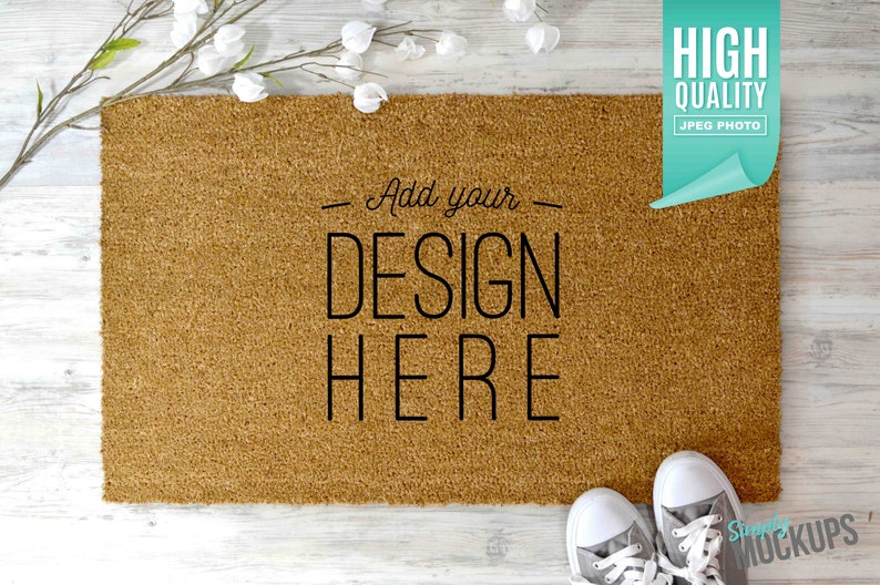 Simple Sublimation Doormat Mockup With Gray Converse Shoes and White ...
