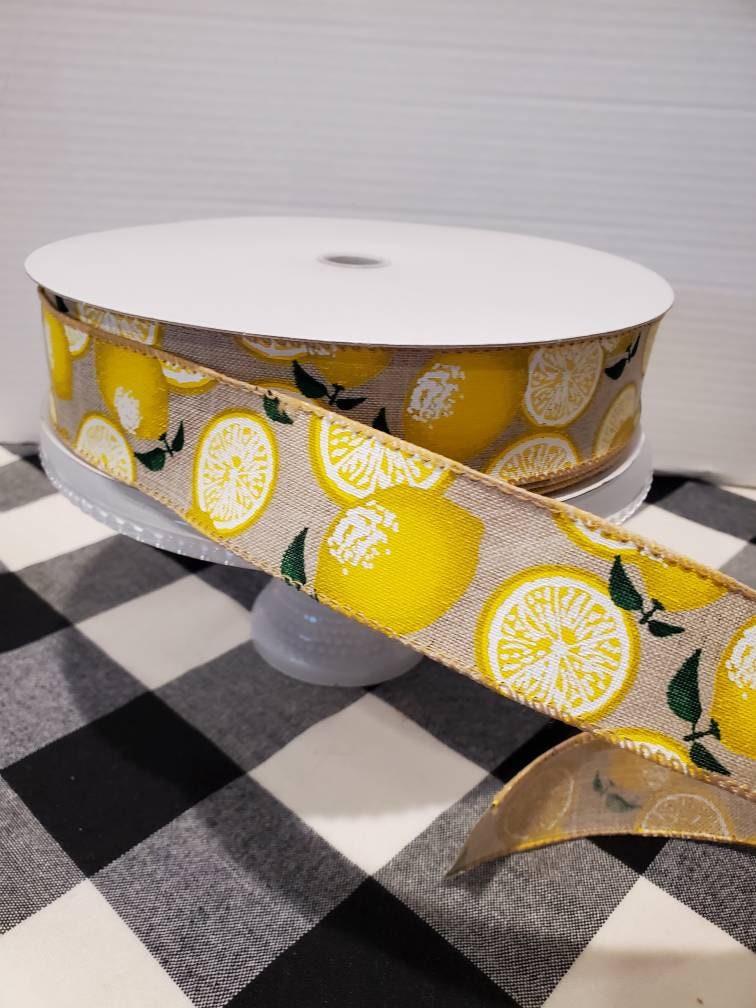 Lemon ribbon 50 yard x 1.5in wired ribbon lemon on natural | Etsy