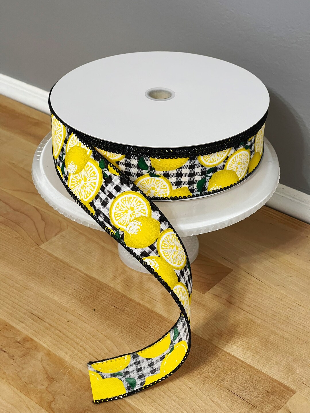 Lemon Ribbon, 50 Yard X 1.5in, Wired Ribbon, Lemon With Buffalo Plaid ...