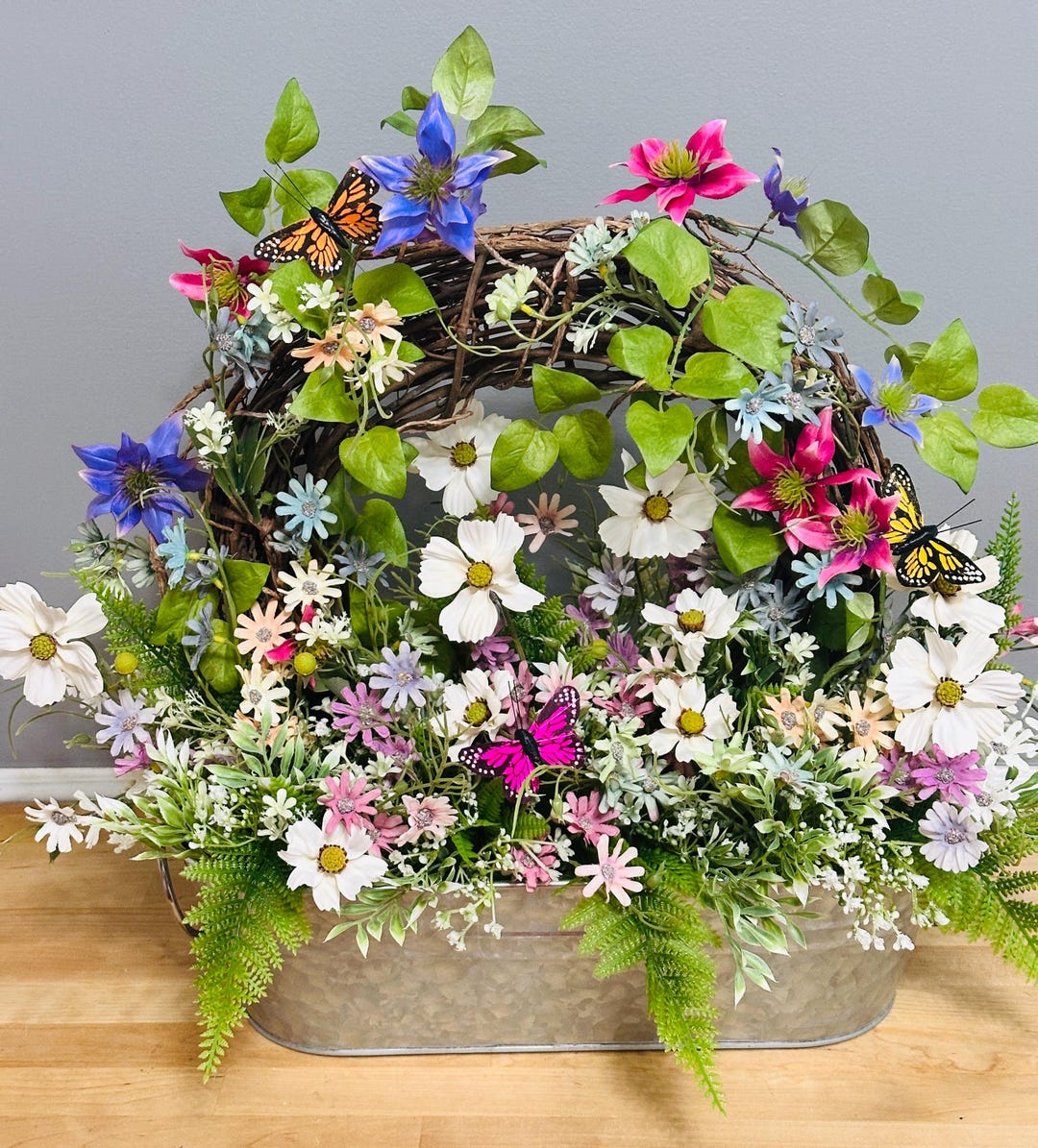 Daisy & Cosmos Floral Arrangement: Whimsical Galvanized Tub Centerpiece ...