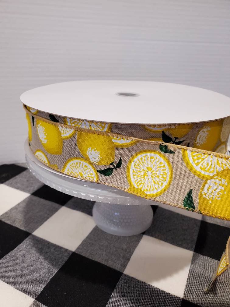 Lemon ribbon 50 yard x 1.5in wired ribbon lemon on natural | Etsy
