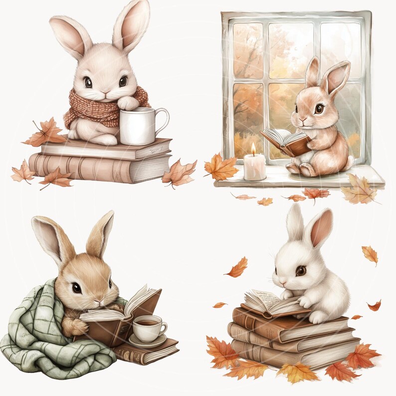 Whimsical Fall Bunny Clipart Bundle Adorable Watercolor Baby Bunnies ...
