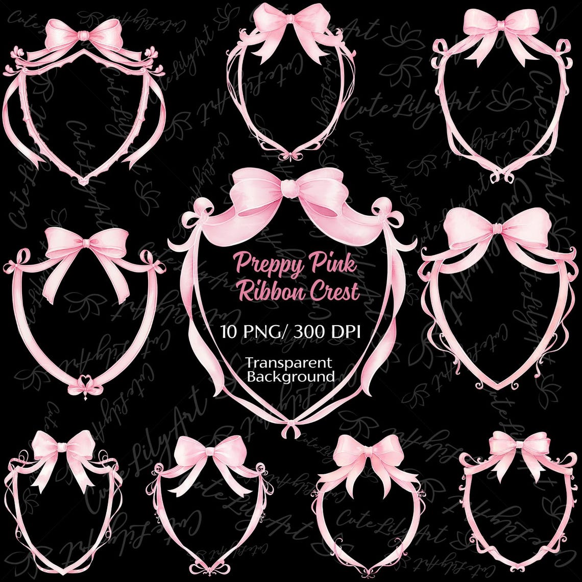 Watercolor Pink Ribbon Crest Frames PNG - Girly Digital Clipart ...