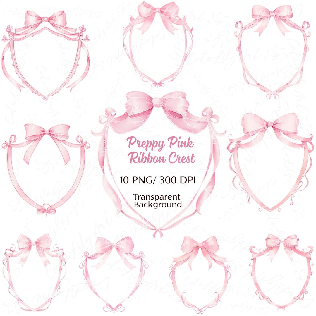 Watercolor Pink Ribbon Crest Frames PNG - Girly Digital Clipart ...