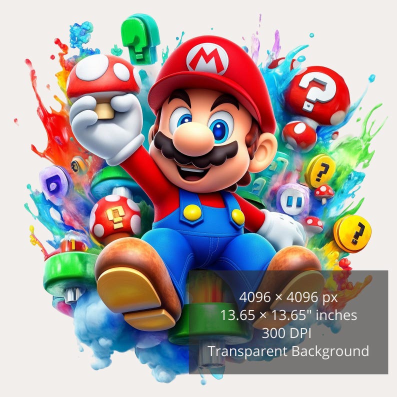 Super Mario Bros PNG Bundle | 5 Watercolor Splash Illustrations ...