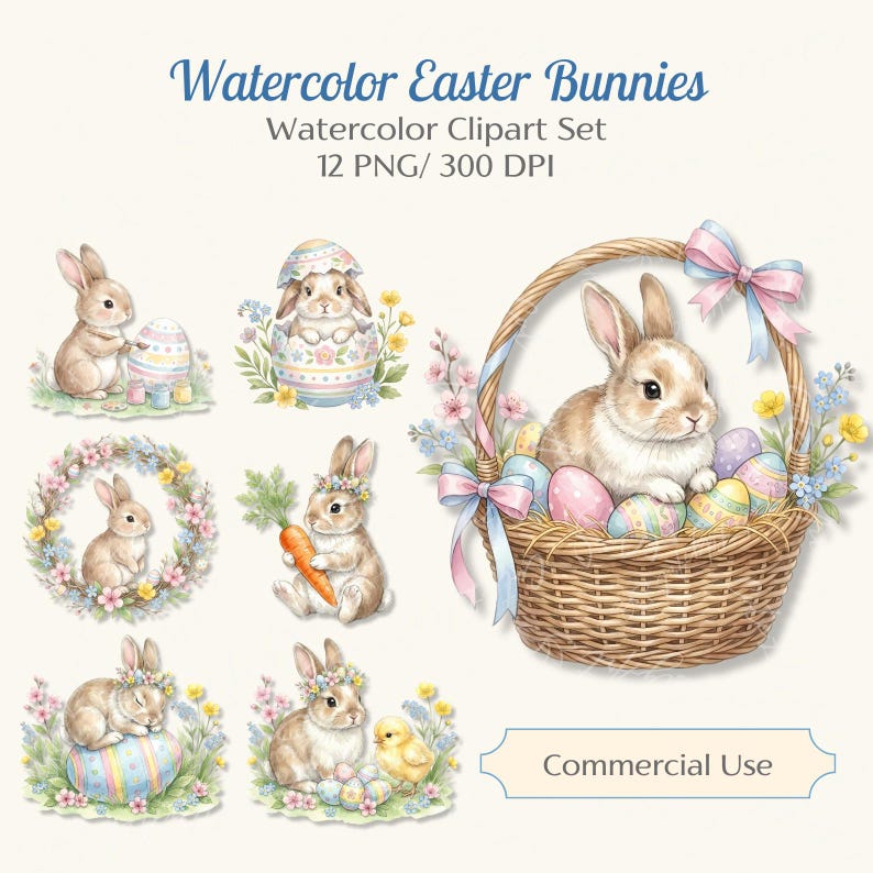 Watercolor Easter Bunny Clipart Bundle, 12 Baby Rabbit PNG, Spring ...
