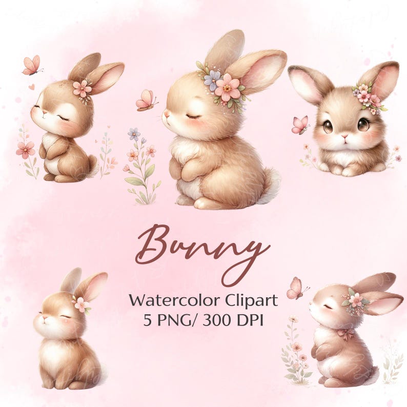 Watercolor Bunny Clipart Set - Cute Spring Rabbits With Flowers ...