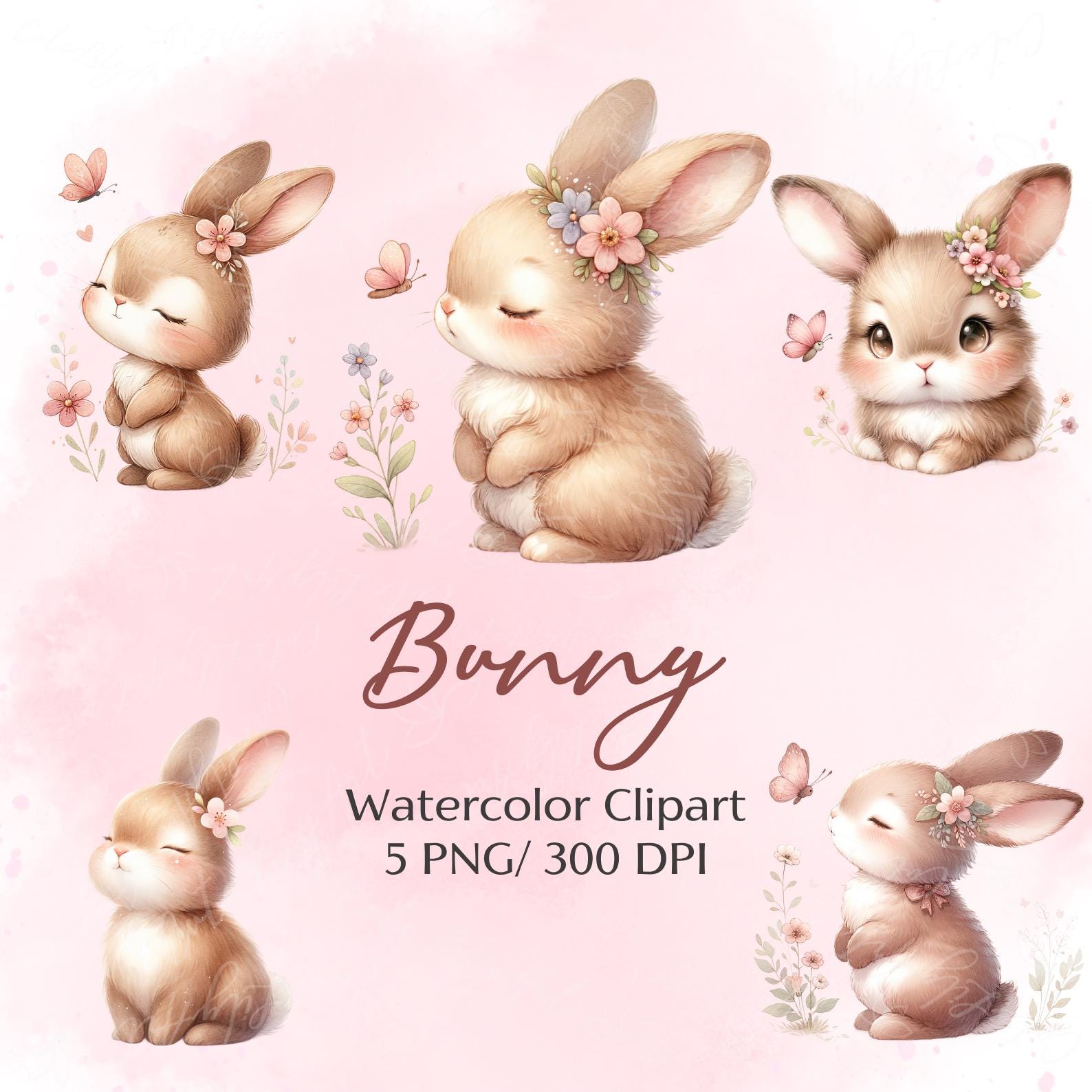 Watercolor Bunny Clipart Set - Cute Spring Rabbits With Flowers ...