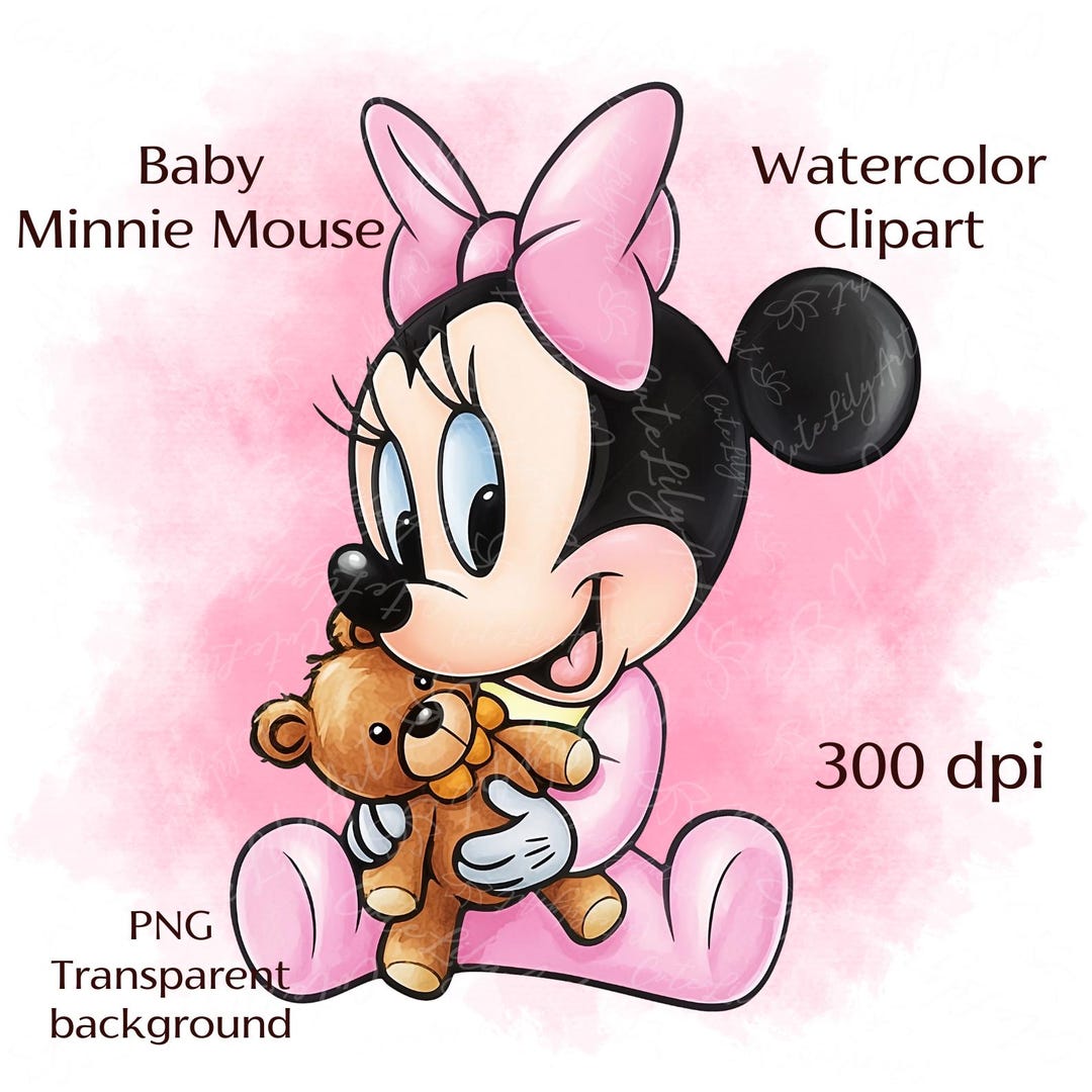 Watercolor Baby Minnie Clipart | Cute Pink Minnie Mouse With Teddy Bear ...