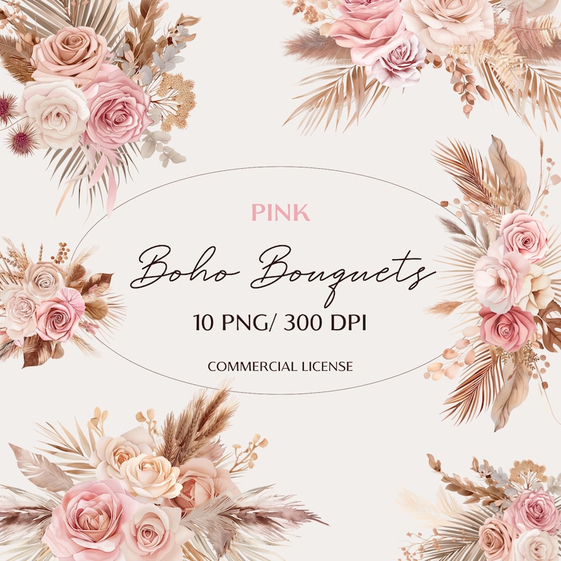 10 Elegant Boho Chic Pink and Ivory Floral Arrangements - Watercolor ...