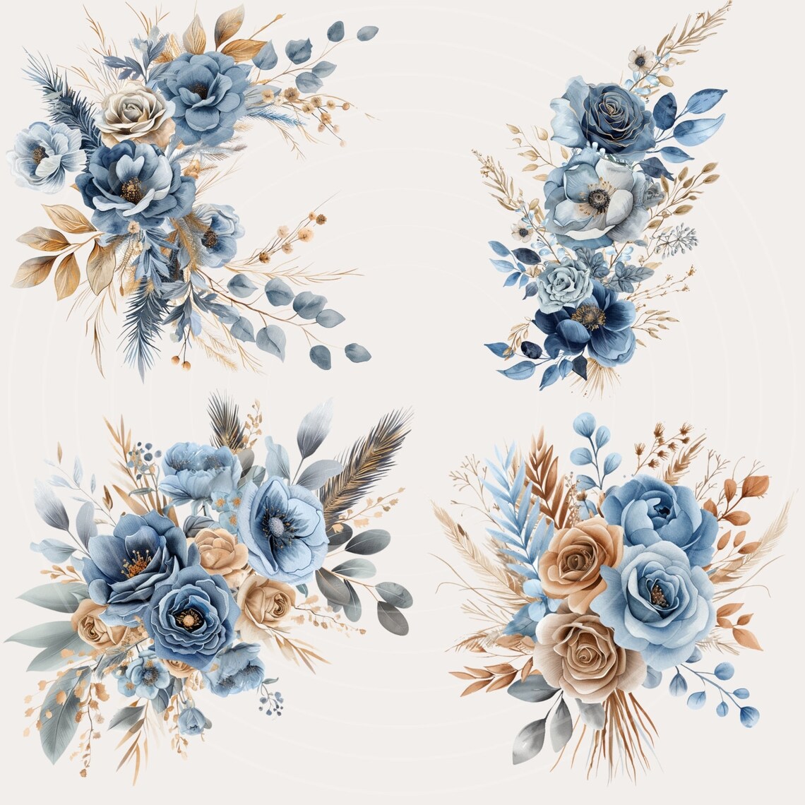 Watercolor Flower, Boho Flower, Boho Blue Clipart, Dusty Blue Flower ...
