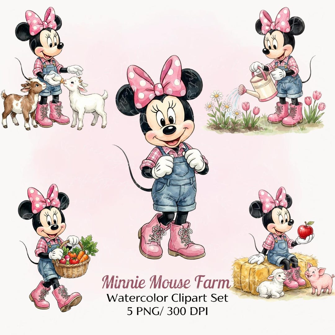 Minnie Mouse Farm Clipart Set, Cute Watercolor Farm Animals PNG, Pink ...
