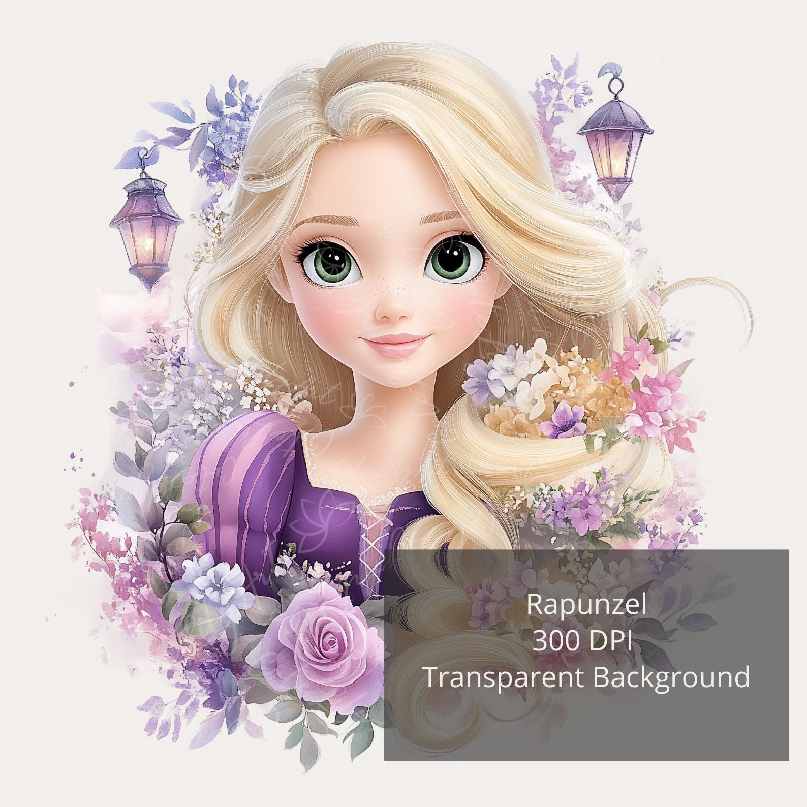 Rapunzel Floral Clipart | 4 PNG Disney Princess Watercolor | Tangled ...