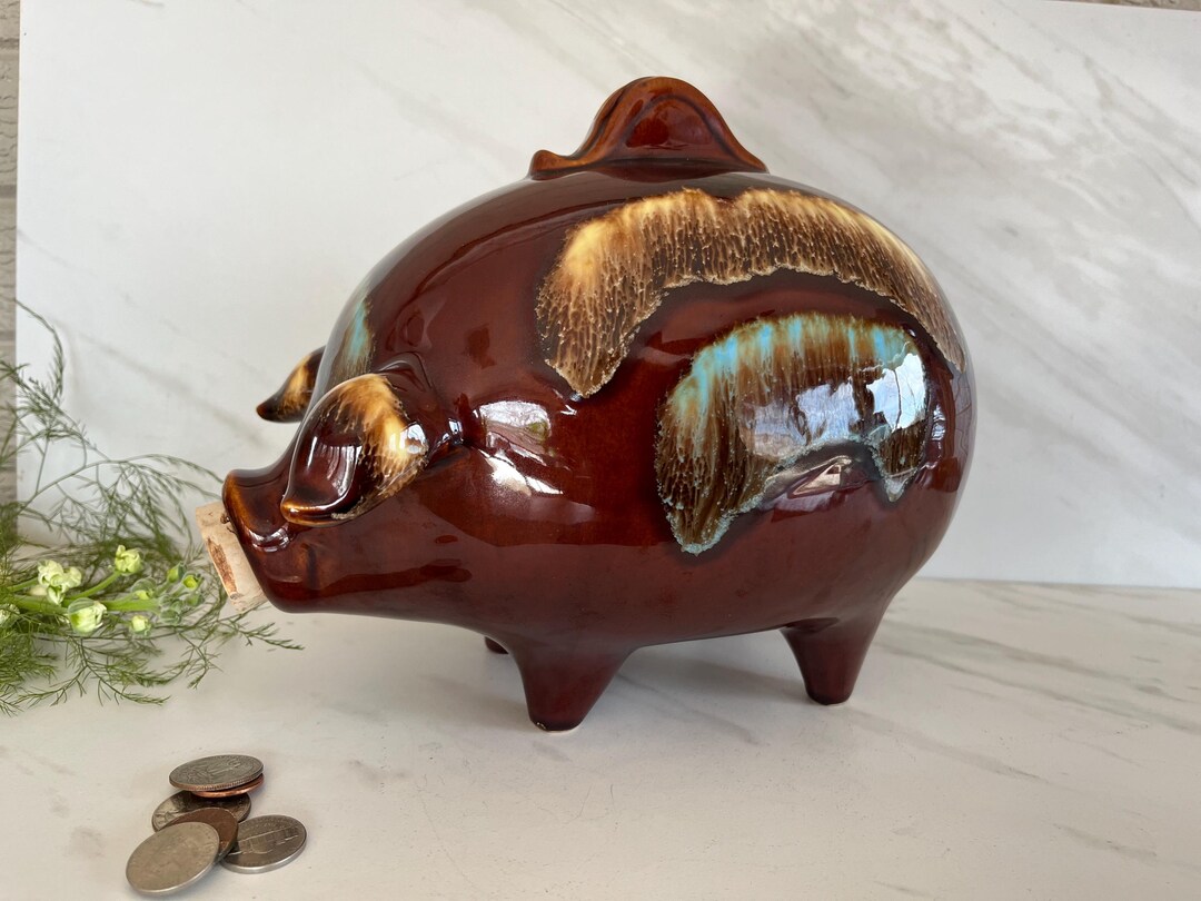 Piggy Bank corky the Pig Hull Pottery Brown Blue Drip Glaze. Marked ...