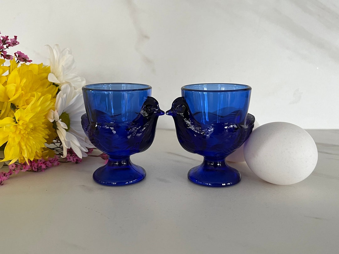 Egg Cup Hen Chick Vintage Cobalt Pressed Glass Egg Holder. Set of 2 ...