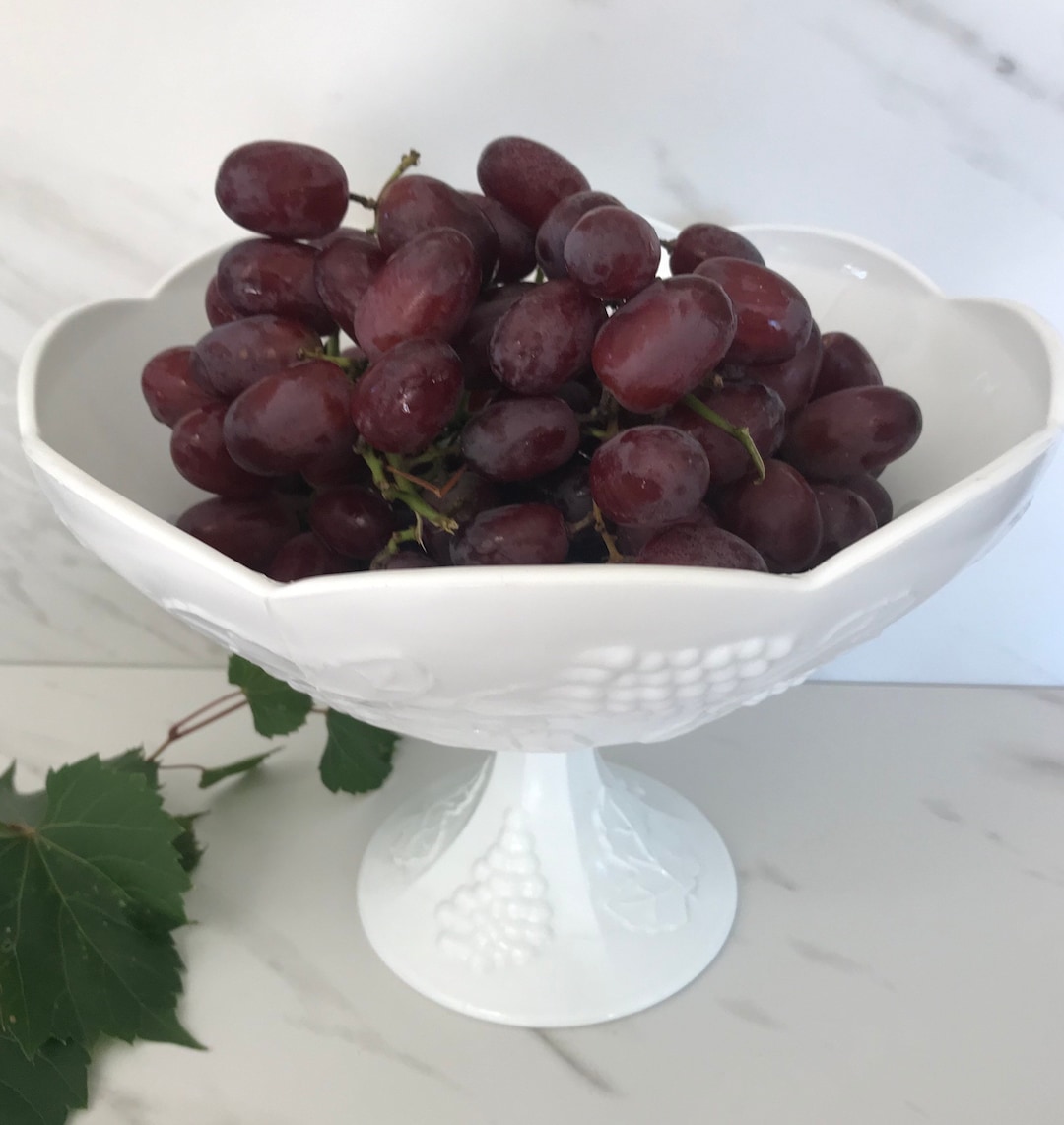 Milk Glass Large Vintage Fruit Bowl or Compote. Harvest Grape Pattern ...