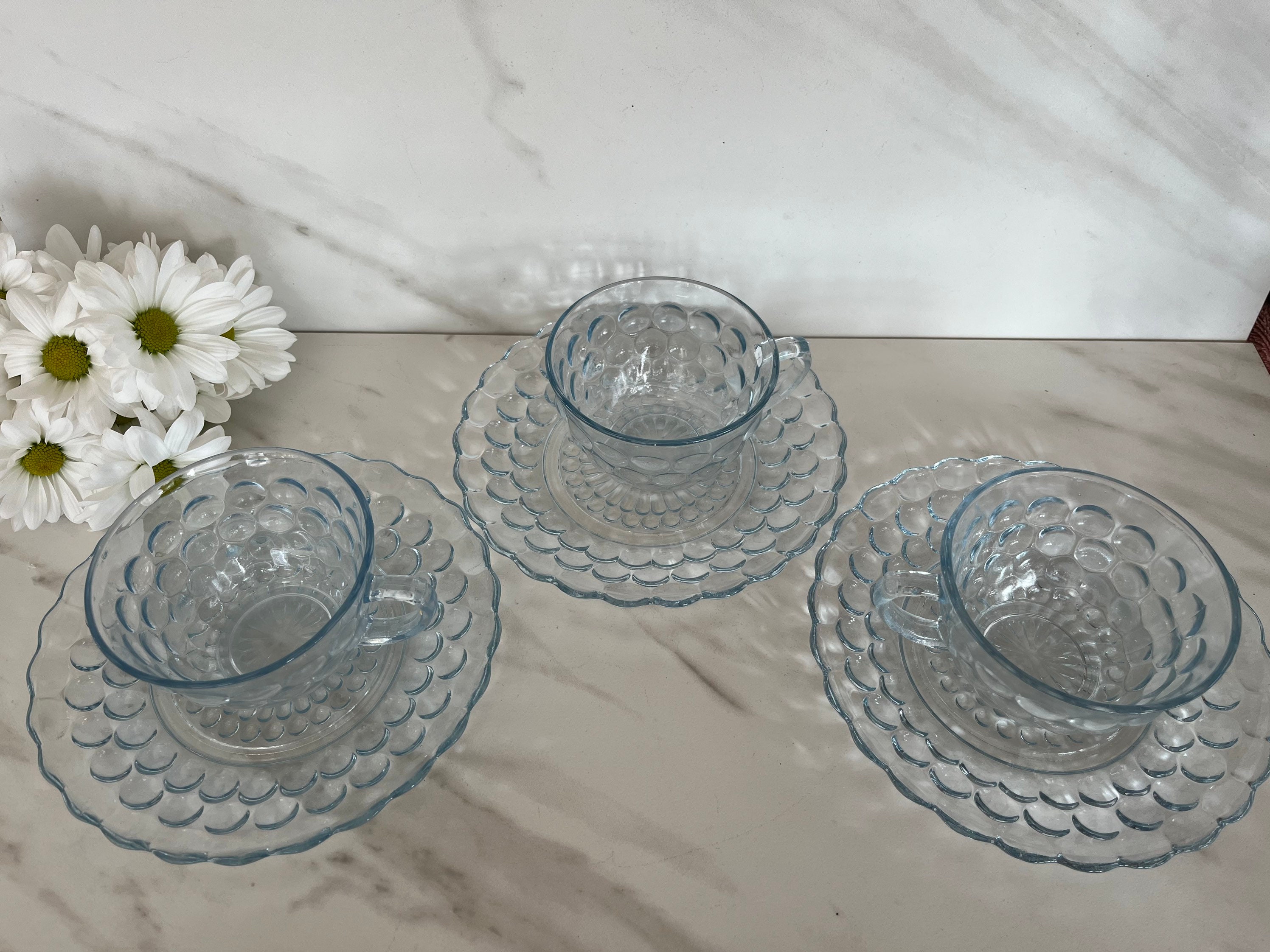 Vintage Anchor Hocking Blue Glass Snack Plates and Tea Cups. Bubble ...