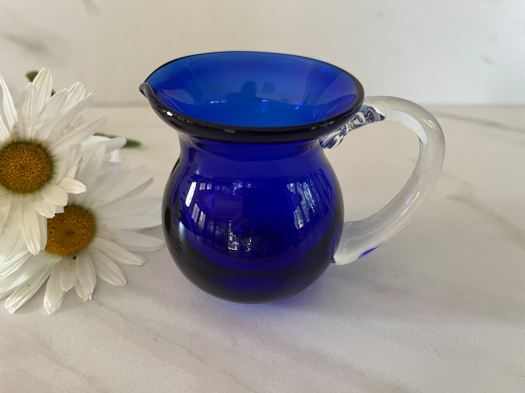 Cobalt Blue Miniature Vintage Pitcher or Vase With Clear Glass Handle ...