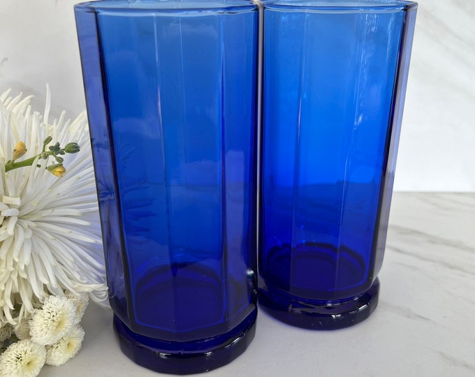 Vintage Cobalt Blue Octagon Shaped Glass Tumblers. Set of Two. Marked ...