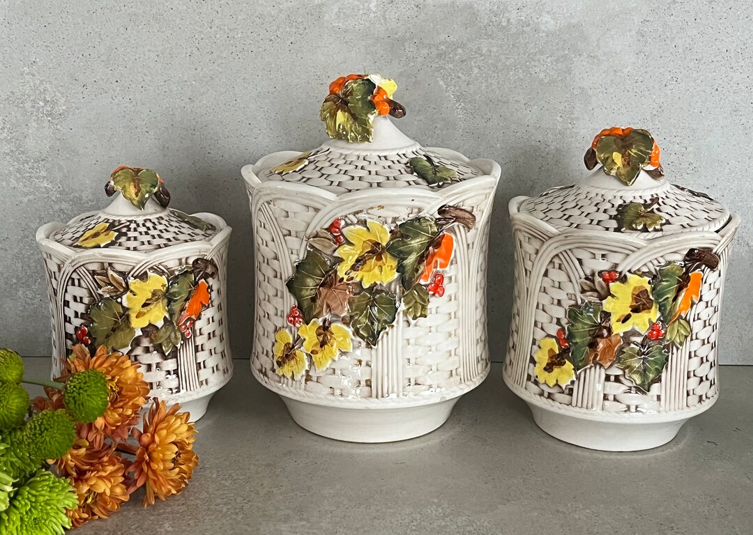 Vintage Lefton Autumn Leaves Basket Weave Canister Set 3 Pc. Marked ...