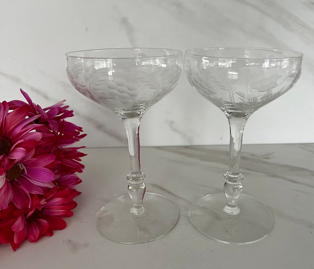 Art Deco Vintage Crystal Stem Small Cordial Coupe Glasses, Etched ...