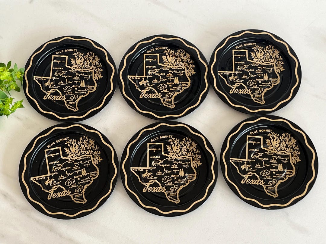 Texas Vintage Black and Gold Metal Coasters. Set of Six Coasters 1960’s ...