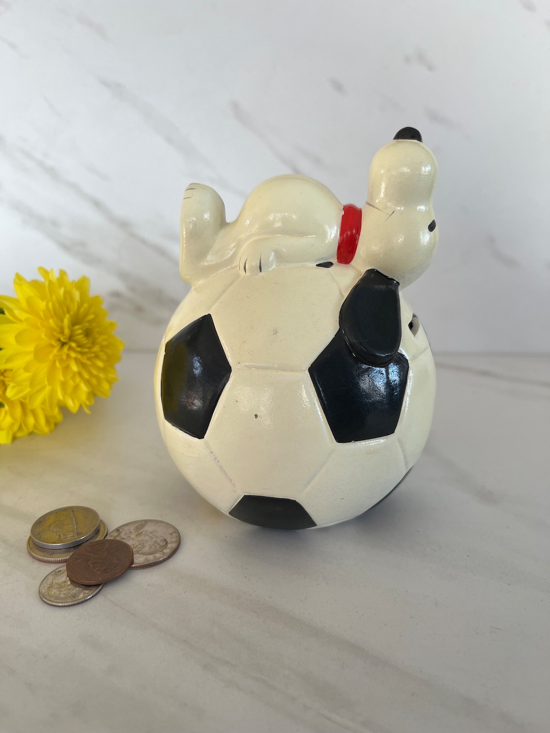 Snoopy on Soccer Ball Iconic Paper Mache Ceramic Bank. 1970 Made in USA ...