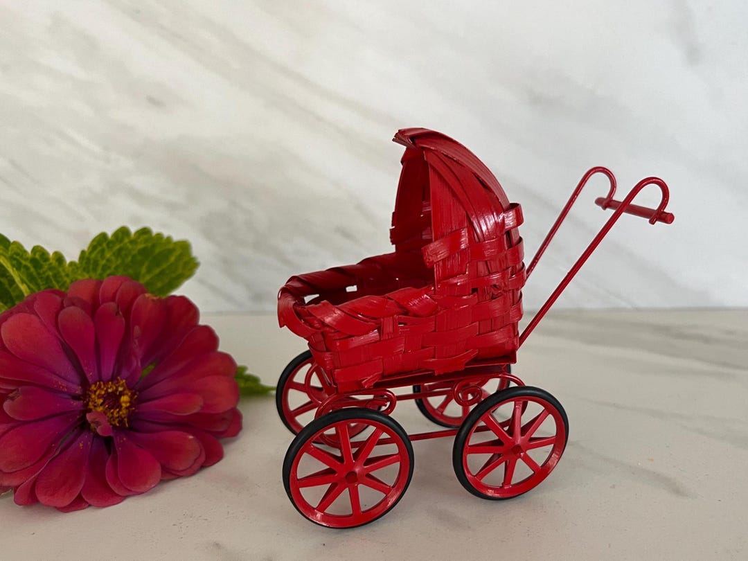 Metal Wire and Red Wicker Miniature Vintage Baby Small Pram Buggy or ...