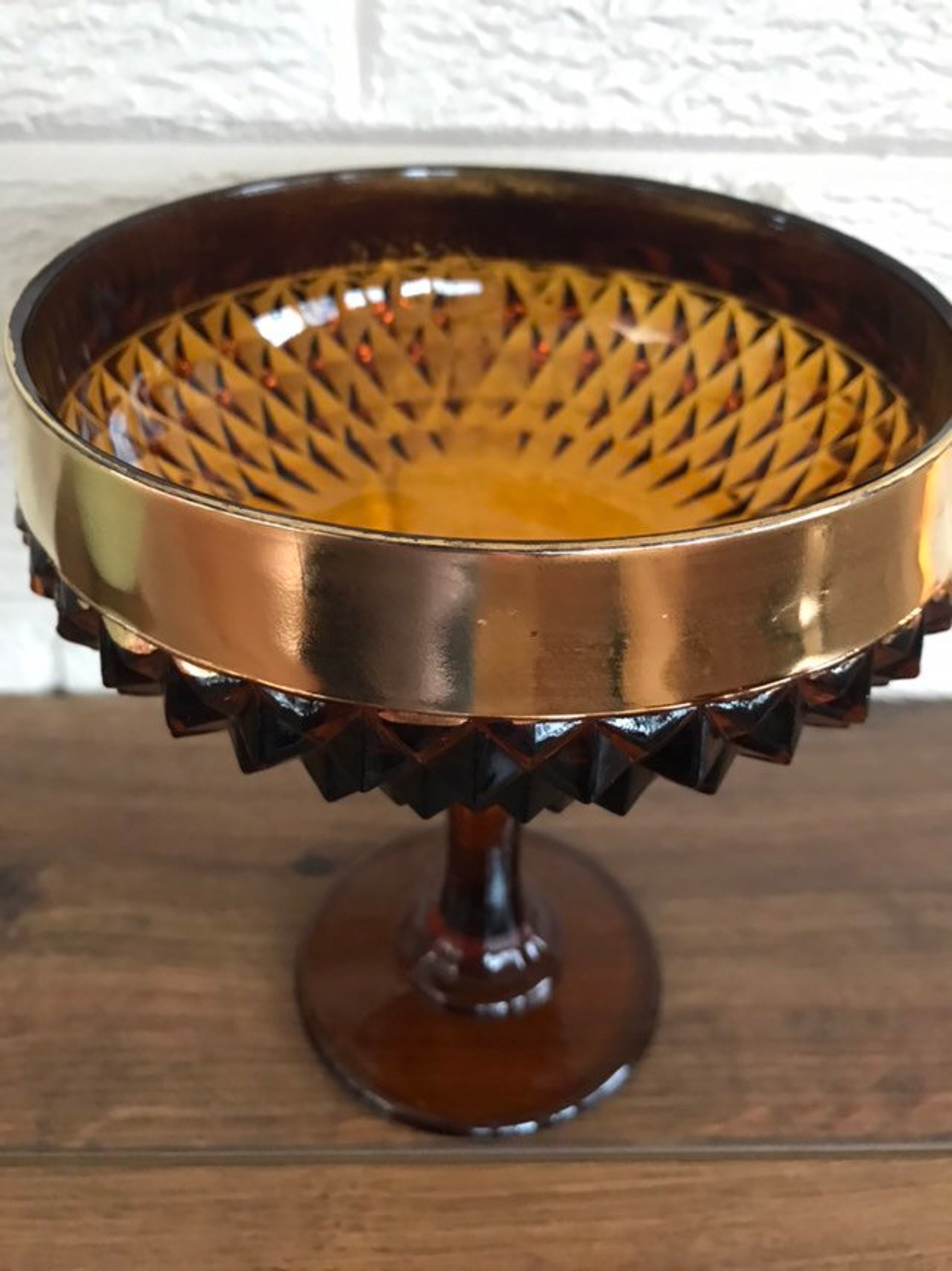 Indiana Glass Vintage Amber Diamond Point Pedestal Compote | Etsy