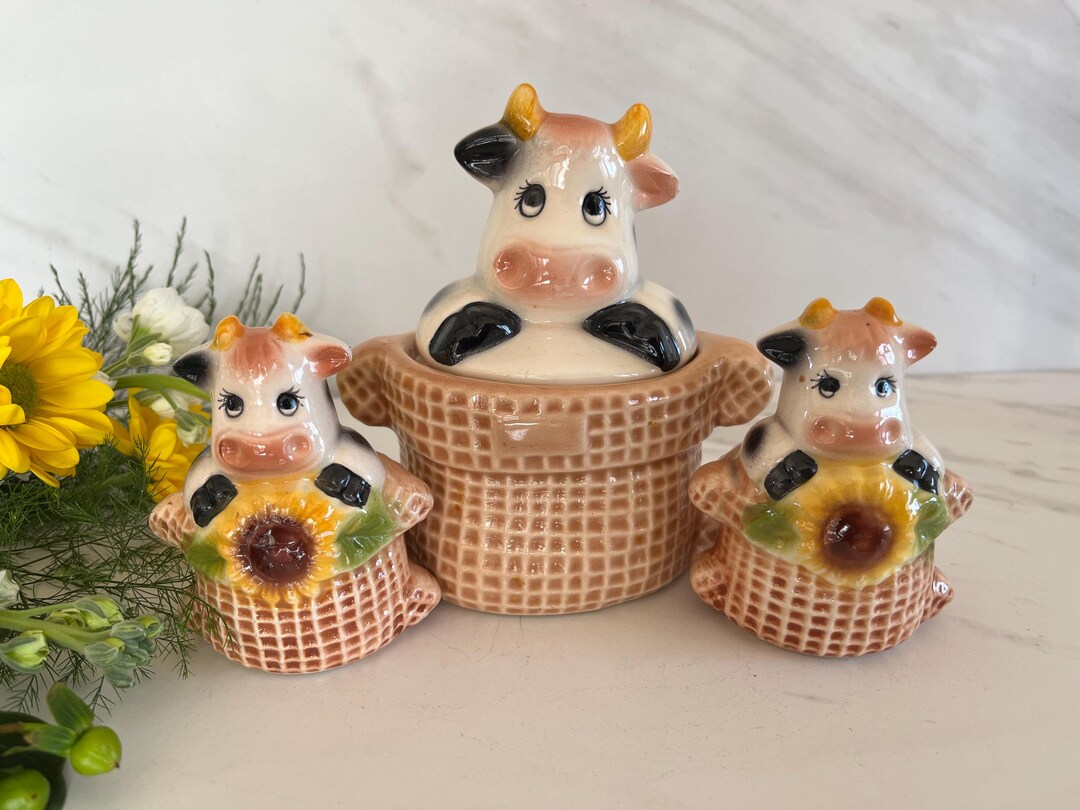 Holstein Cows Vintage Ceramic Salt and Pepper Shakers and Jelly Jar ...