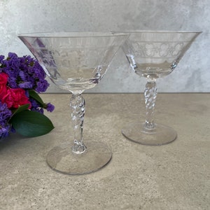 Tiffin Style Art Deco Antique Coupe Glasses Etched Polished Twisted ...