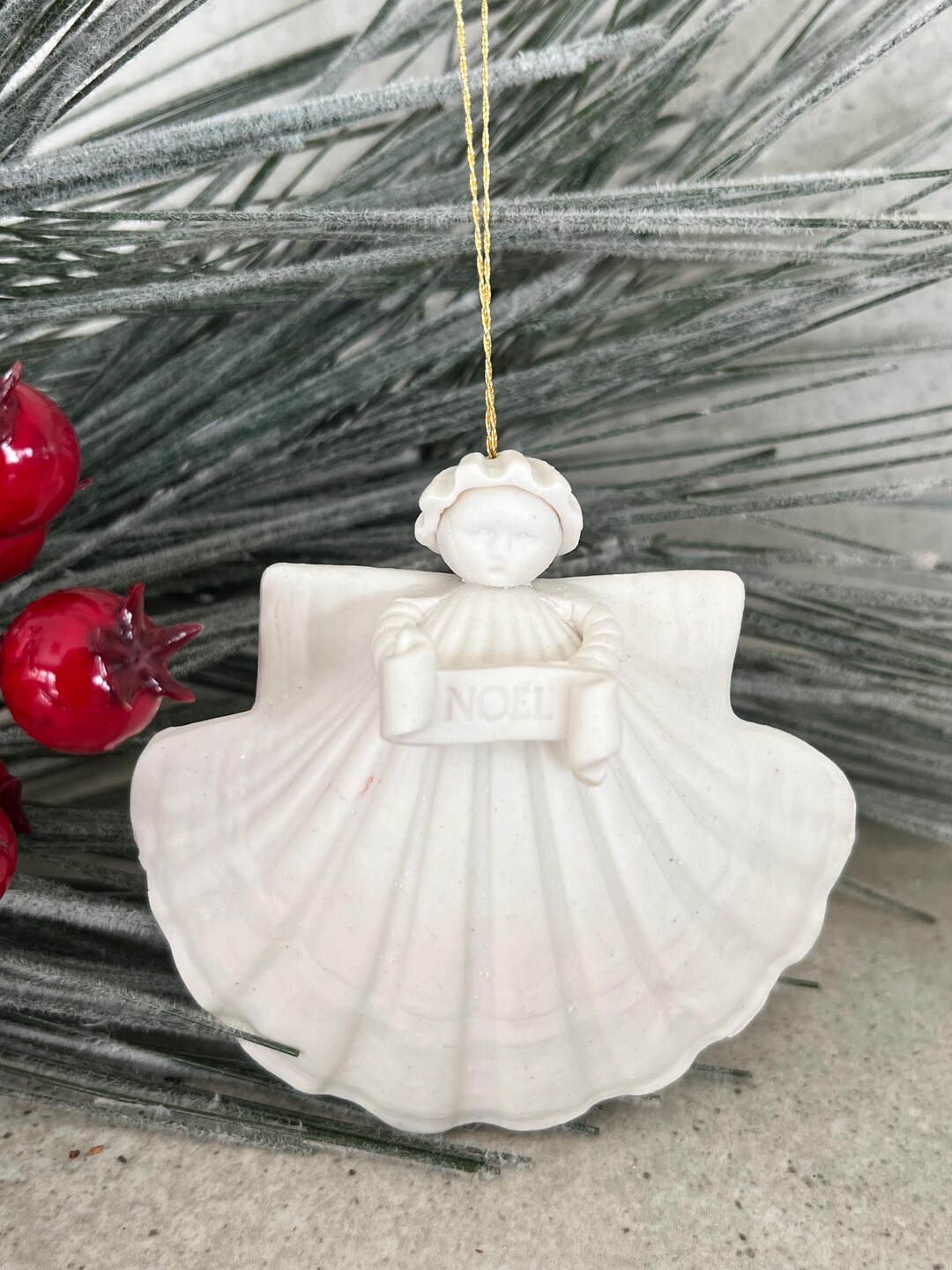 Mary Furlong Porcelain Bisque White Christmas Noel Angel Shell Ornament. 1992 Makers Stamp on ...
