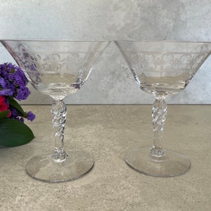 Tiffin Style Art Deco Antique Coupe Glasses Etched Polished Twisted ...