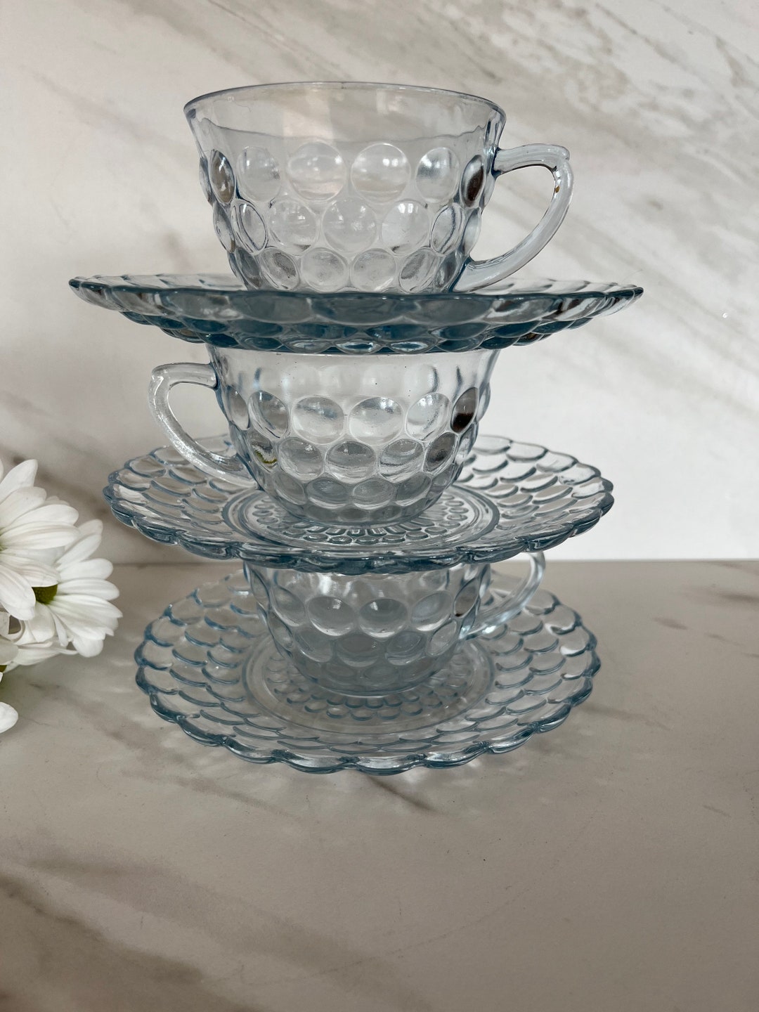 Vintage Anchor Hocking Blue Glass Snack Plates and Tea Cups. Bubble ...