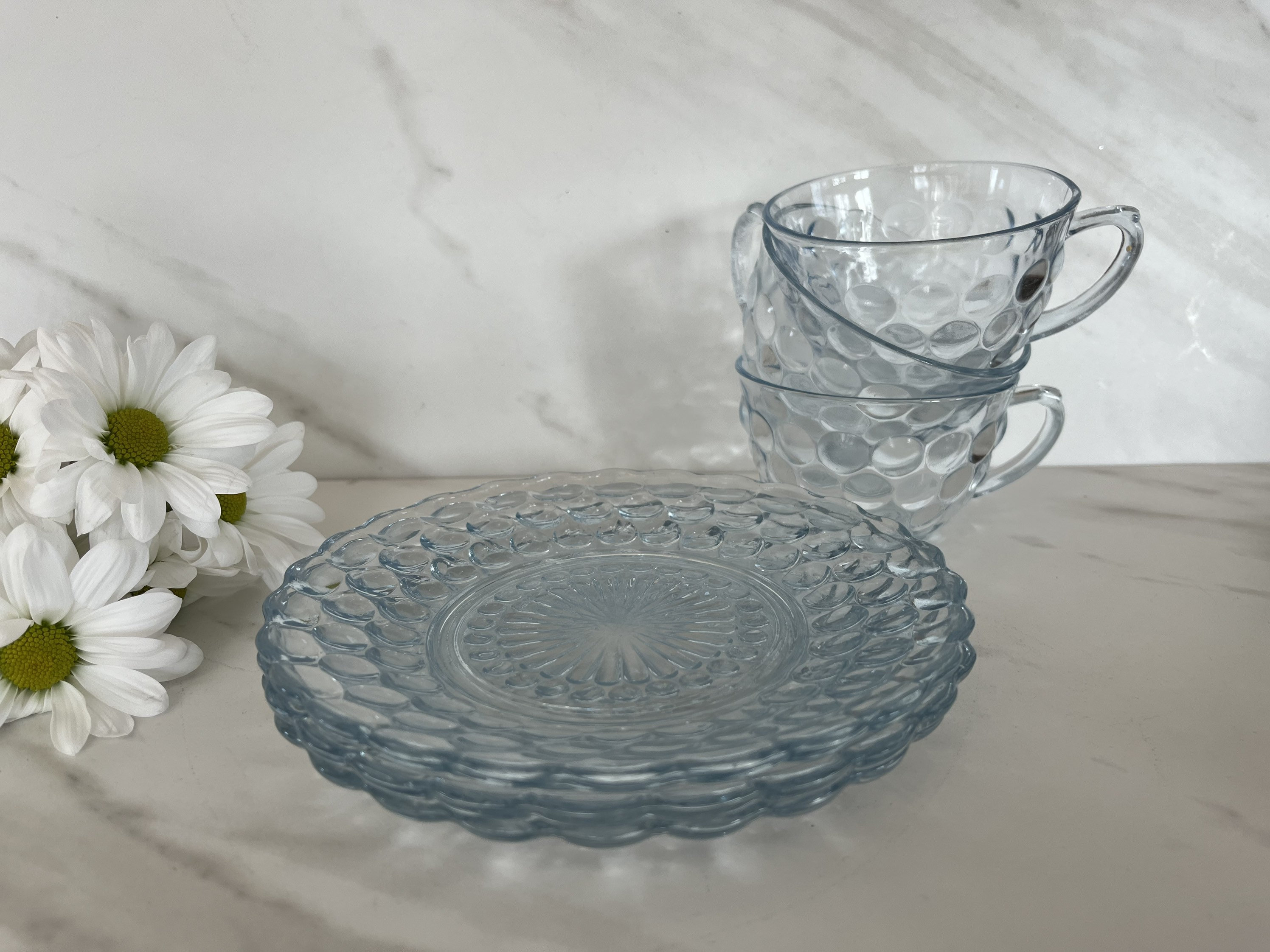 Vintage Anchor Hocking Blue Glass Snack Plates and Tea Cups. Bubble ...
