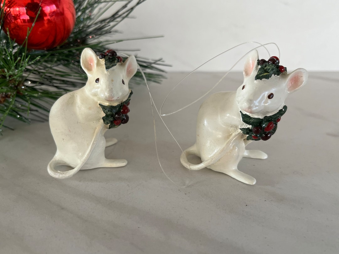 Silvestri Vintage Hand Painted White Christmas Mice Ornaments. Set of ...